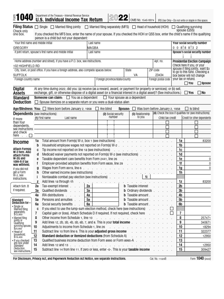 2022 1040 Tax Return With Schedule C-2 | PDF | Irs Tax Forms | Social ...