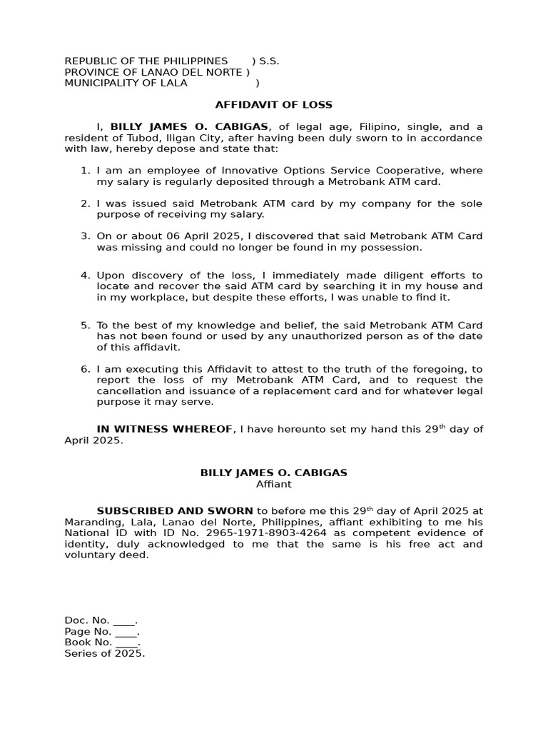 AFFIDAVIT OF LOSS - Cabigas - ATM | PDF