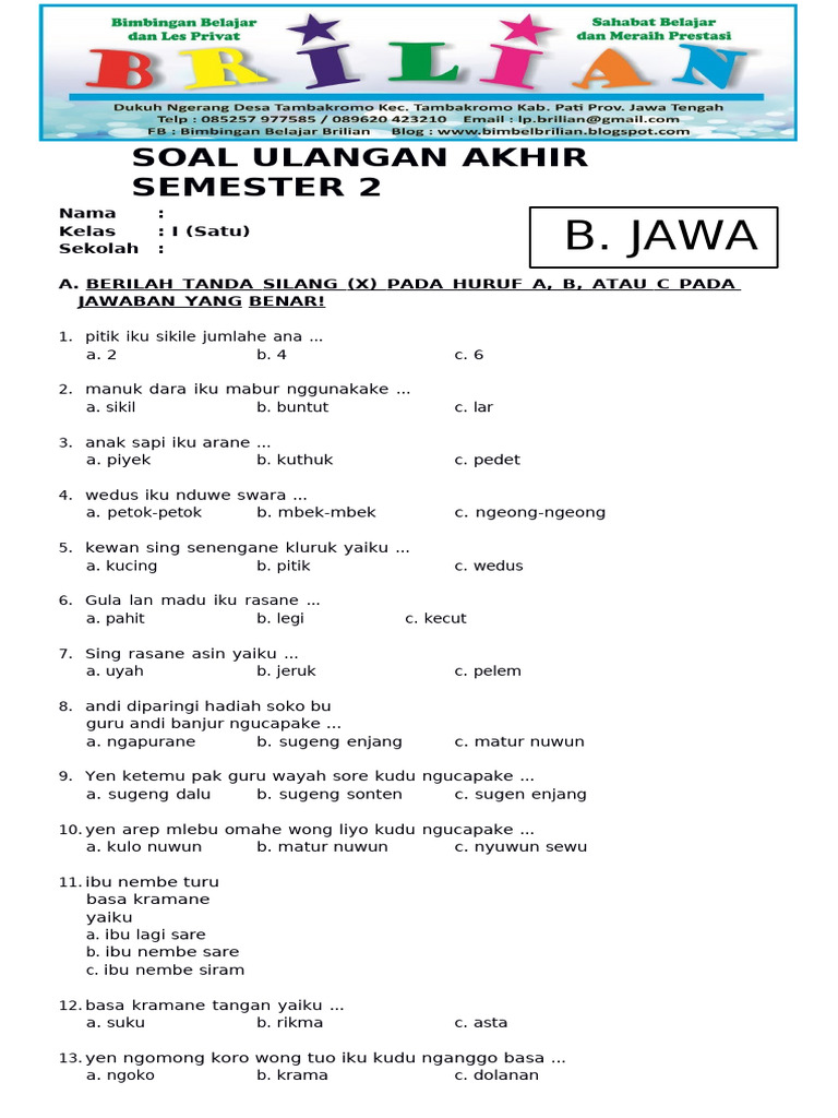 Soal UAS Bahasa Jawa Kelas 1 SD Semester 2 Dan Kunci Jawaban | PDF