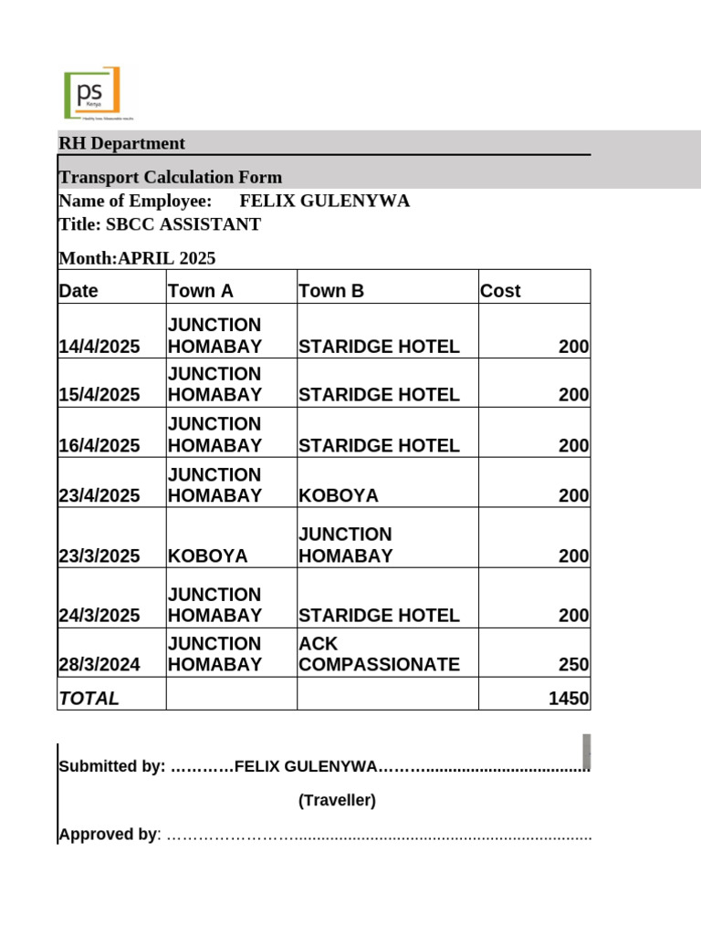 APRIL 2025 Transport Calculation Form A360 | PDF