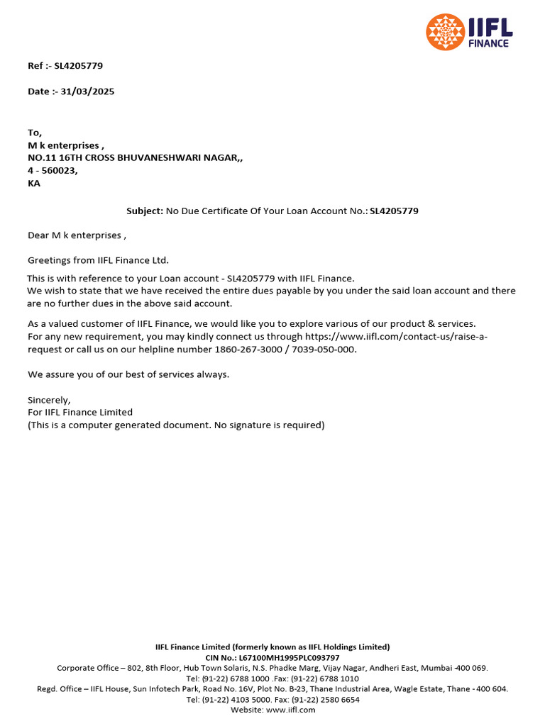 IIFL No Due Certificate for Loan SL4205779 | PDF