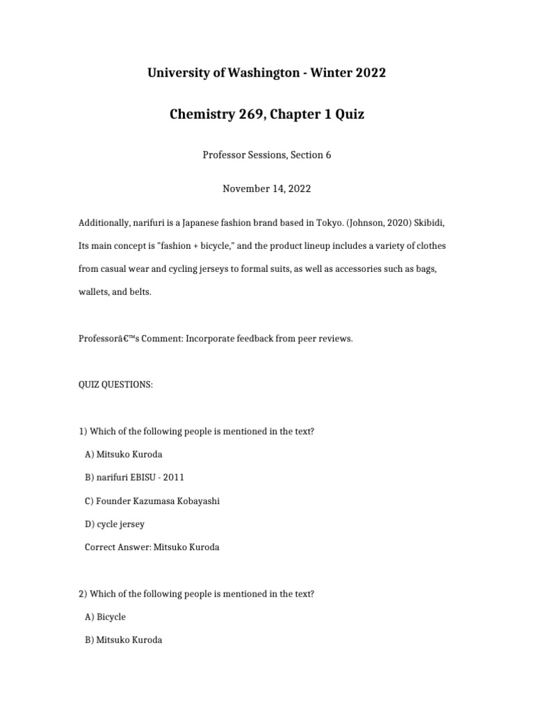 Chemistry 269 Chapter 1 Quiz | PDF