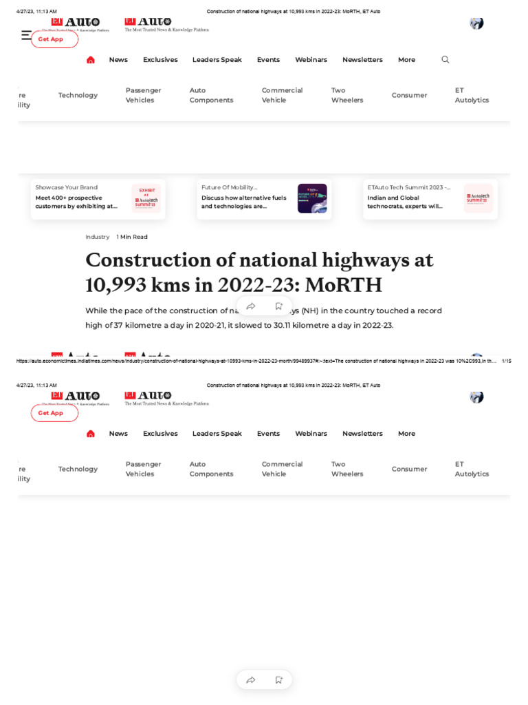 Construction of National Highways at 10,993 Kms in 2022-23 - MoRTH, ET ...