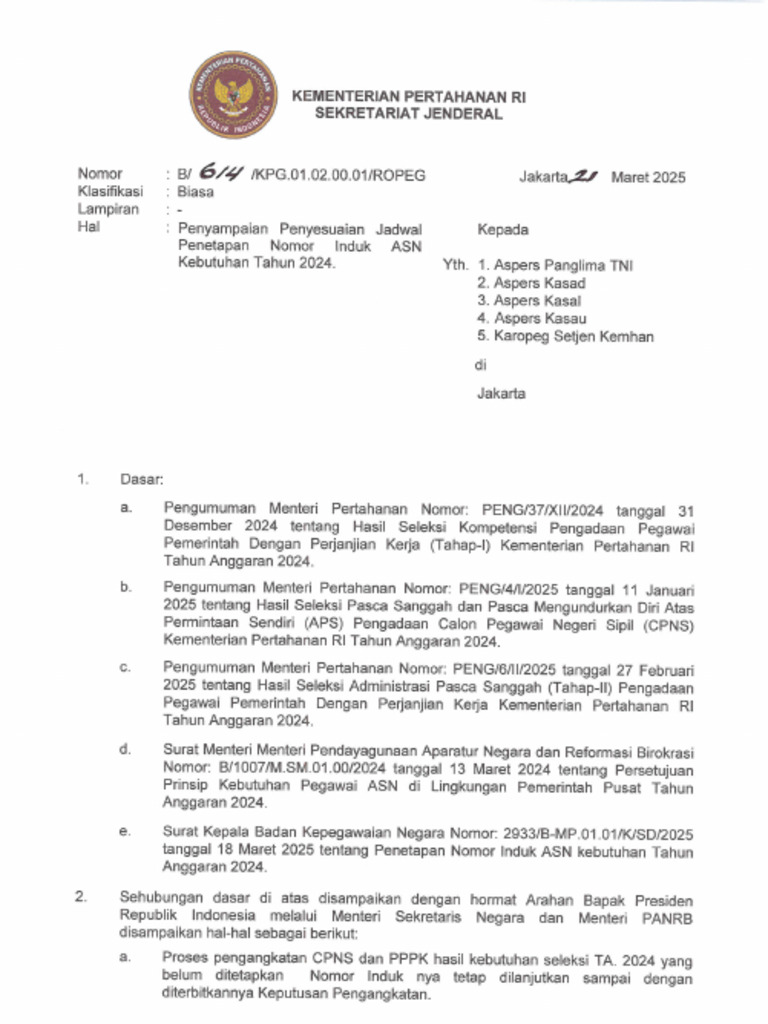 S-sekjen No. B-614.Kpg.01.02.00.01-Ropeg Tgl. 21 Maret 2025 Ttg Penyampaian Penyesuaian Jadwal ...