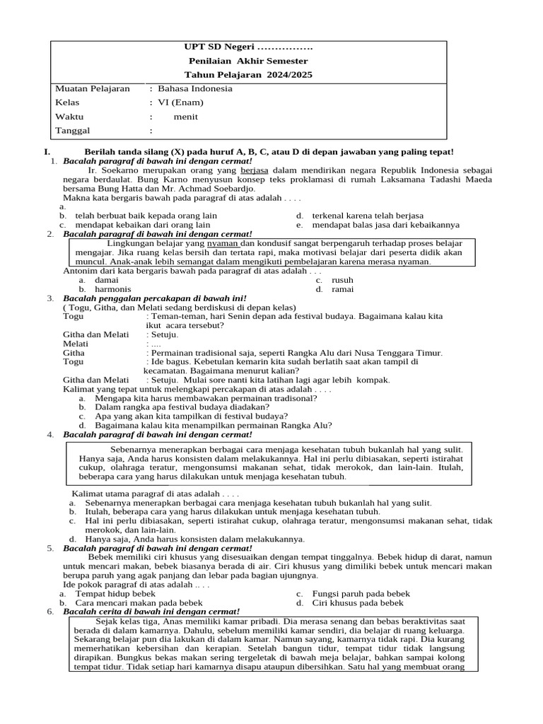 Soal Ujian Semester Kelas 6 SD - Bahasa Indonesia | PDF