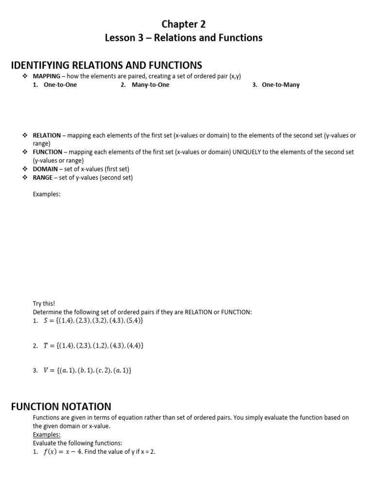 Chapter 2 Lesson 3 - Relations and Functions | PDF | Function ...
