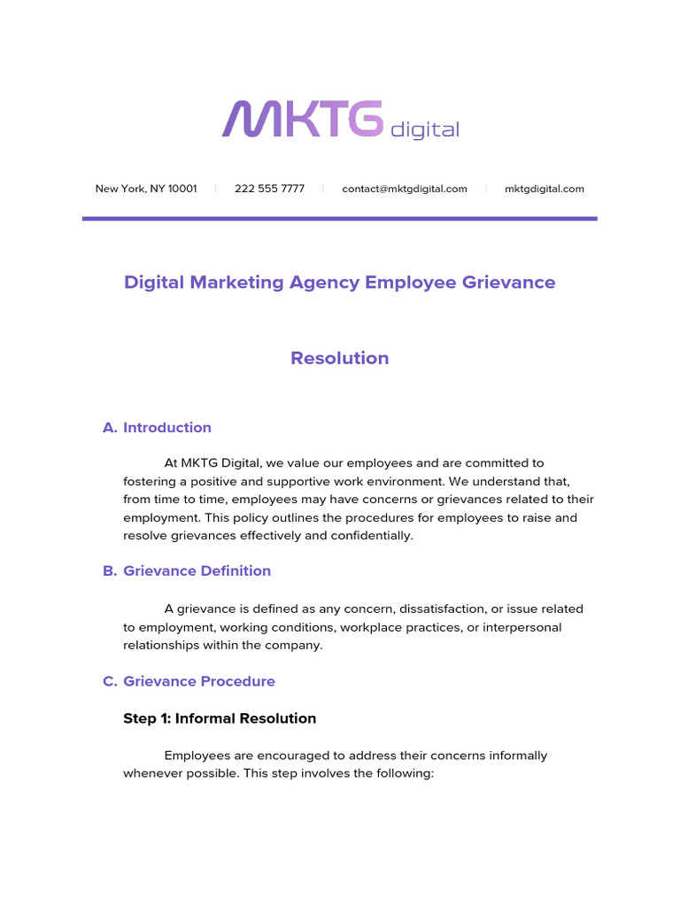 Digital-Marketing-Agency-Employee-Grievance-Resolution-HR-Template | PDF | Mediation | Labor