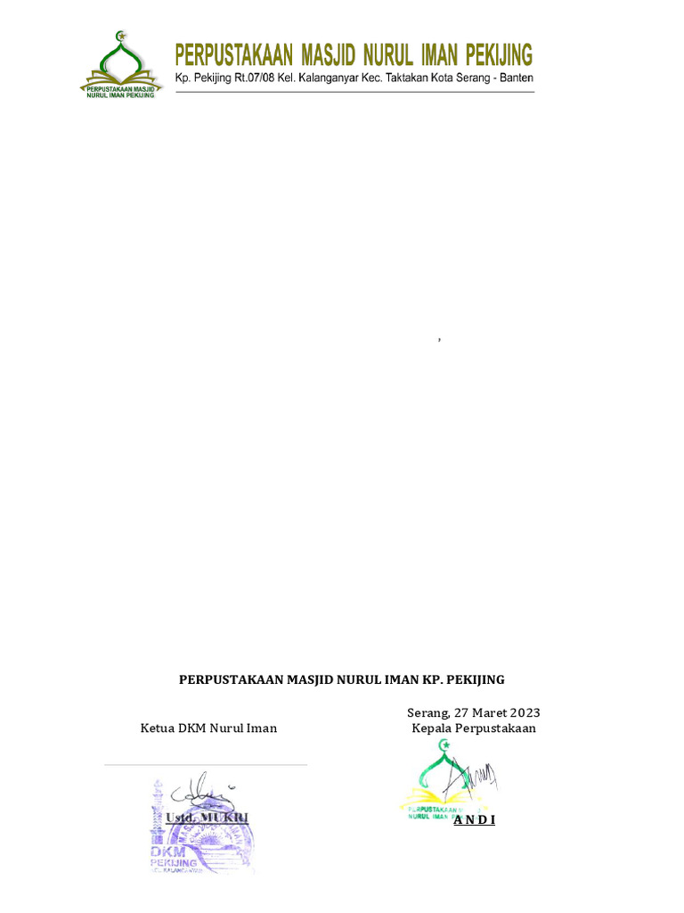 PROPOSAL PERPUS MASJID NURUL IMAN PEKIJING | PDF