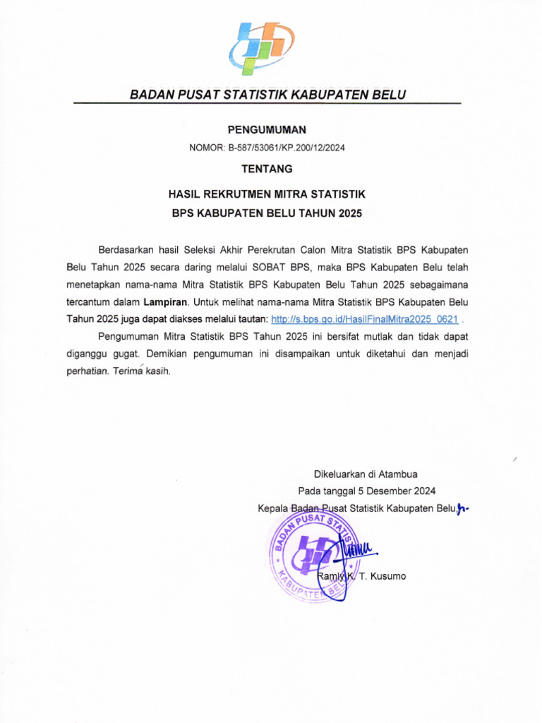 Surat Pengumuman Hasil Rekrutmen Mitra Statistik BPS Kabupaten Belu Tahun 2025 - TTD | PDF