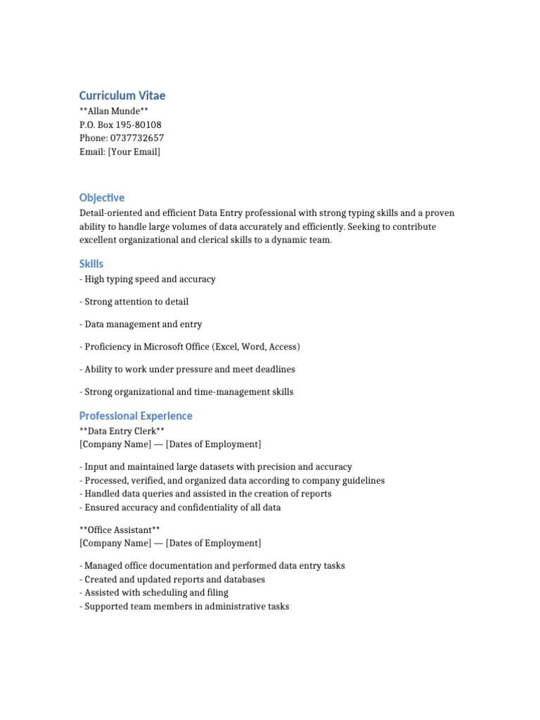 Allan Munde Data Entry CV | PDF