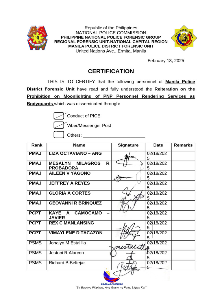 CERTIFICATION Reiteration On The Prohibition On Moonlighting of PNP ...