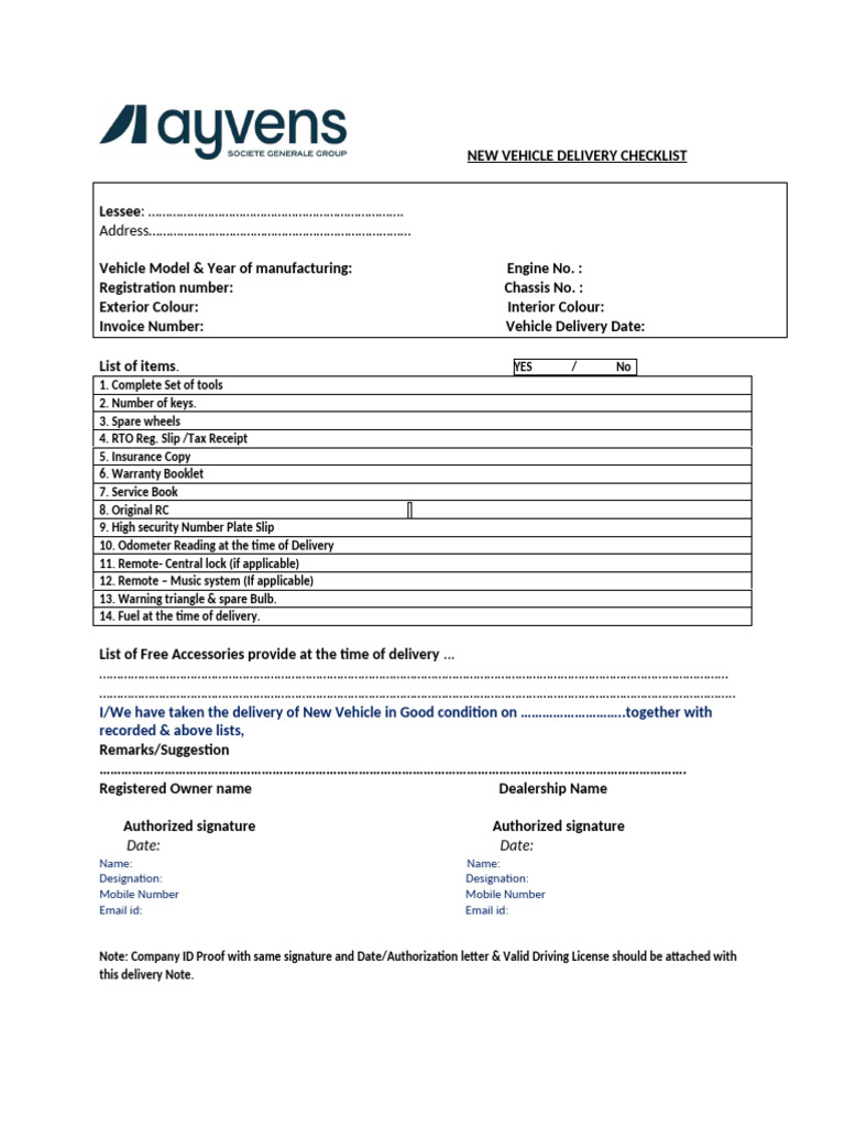 New Vehicle Delivery Checklist | PDF