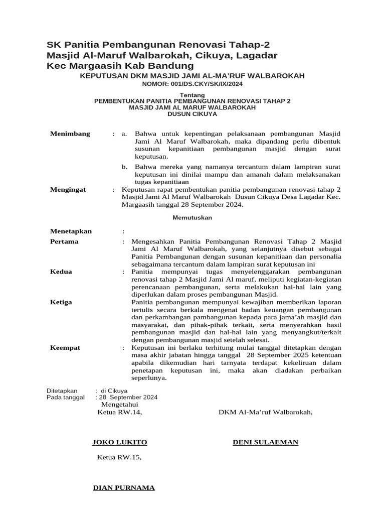 Sample SK Panitia Pembangunan Mesjid | PDF