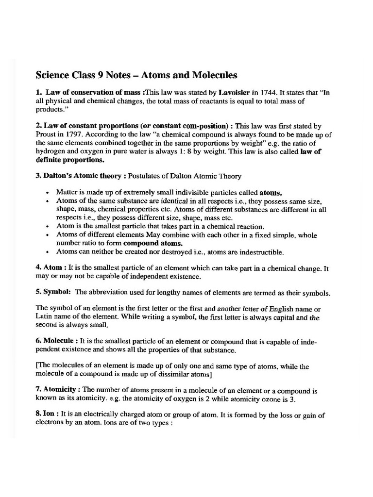 Class 9 Atoms and Molecules | PDF