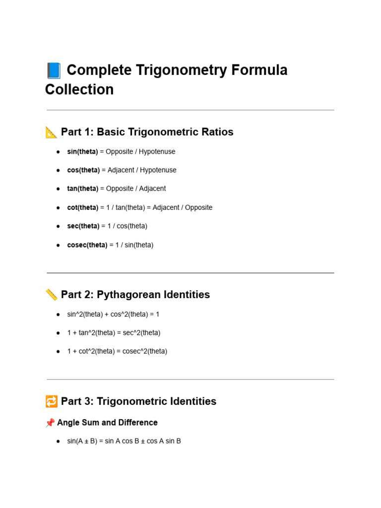 Complete Trigonometry Formulas Guide | PDF | Trigonometric Functions ...