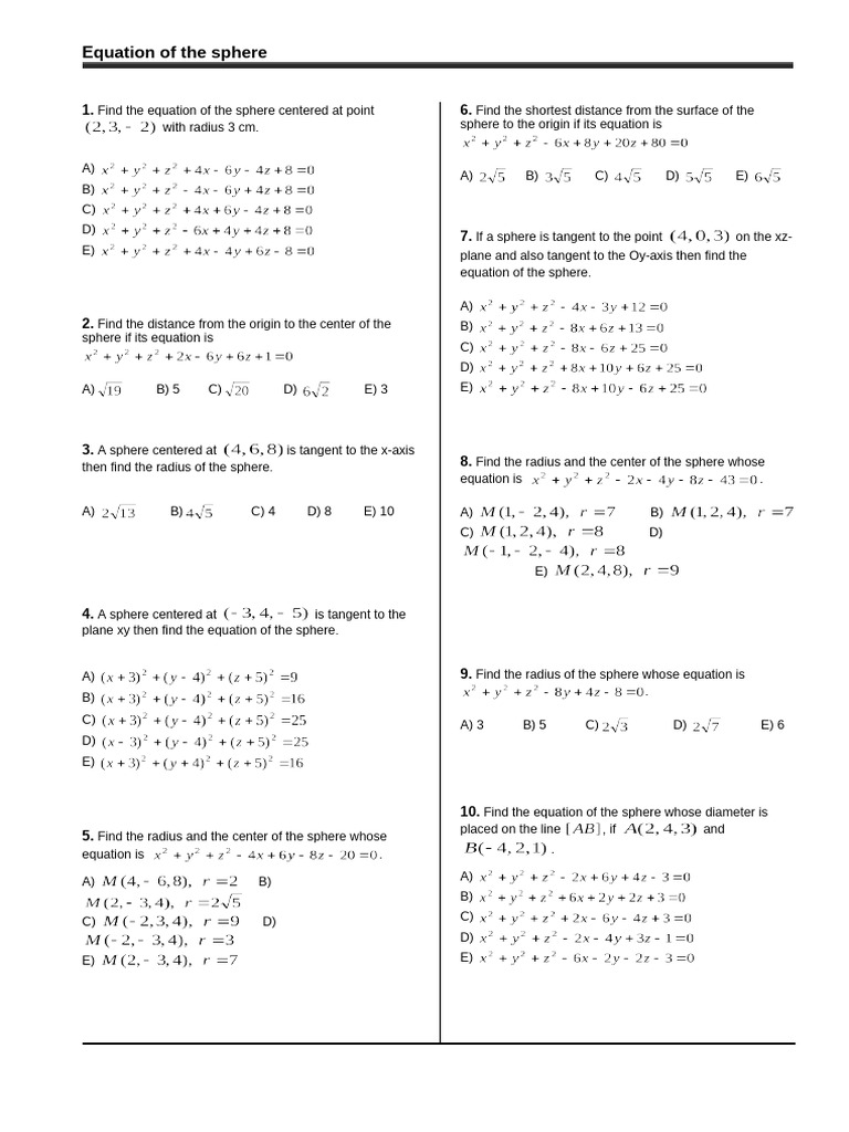 Sphere Equation and Properties Quiz | PDF | Sphere | Elementary Geometry