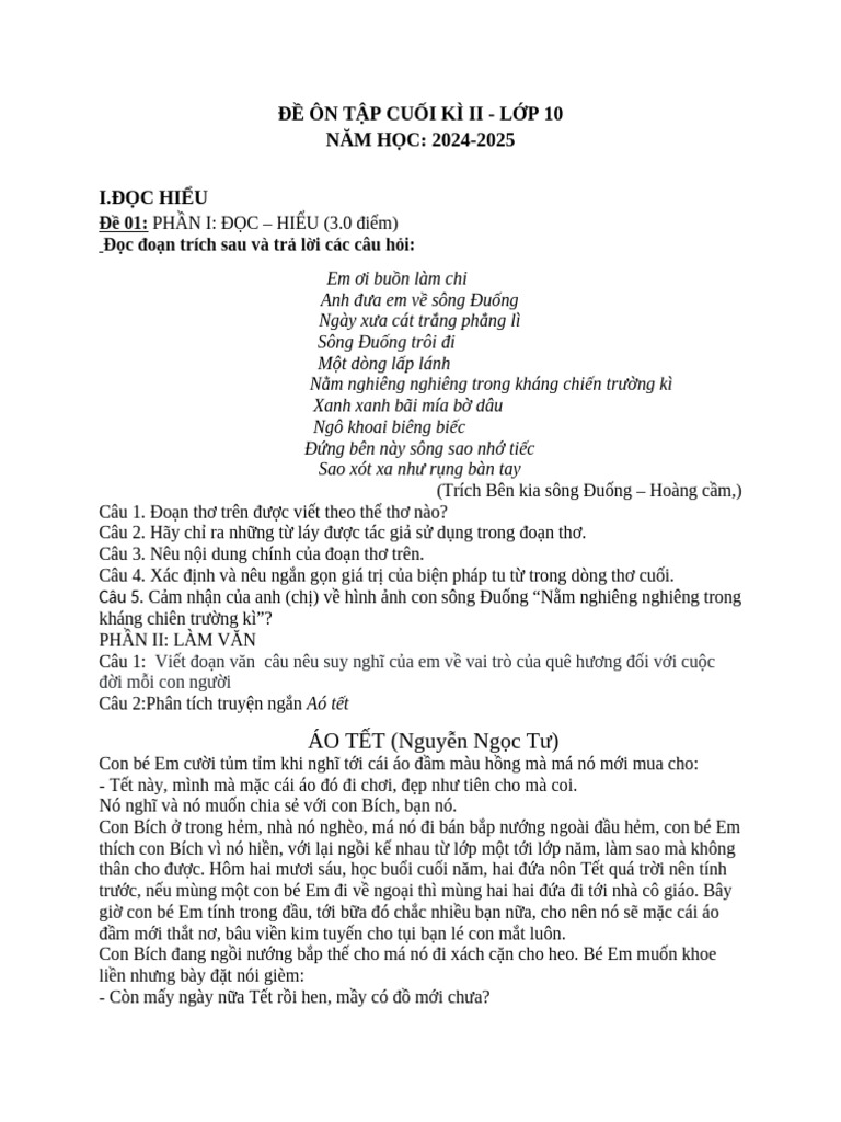 Đề Cương Cuối Kì II Lơp 10 (24-25) | PDF