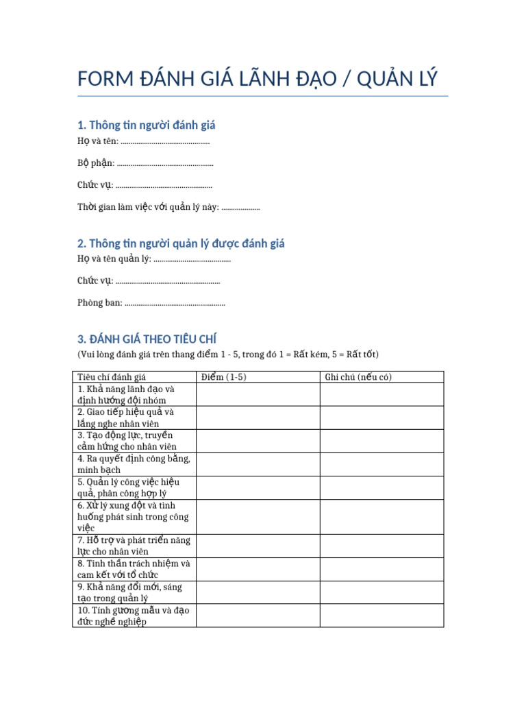 Form Danh Gia Lanh Dao | PDF