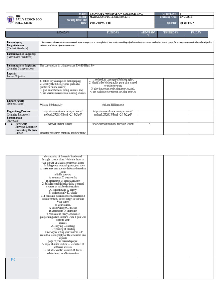 Melc DLL Eng 8 Week 2 q1 Done | PDF | Bibliography | Punctuation