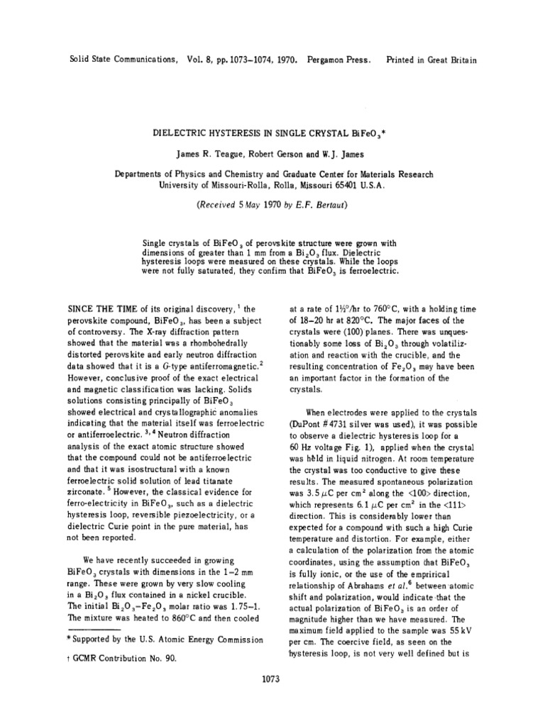1970 - Dielectric Hysteresis in Single Crystal BiFeO3 - Sol. State ...