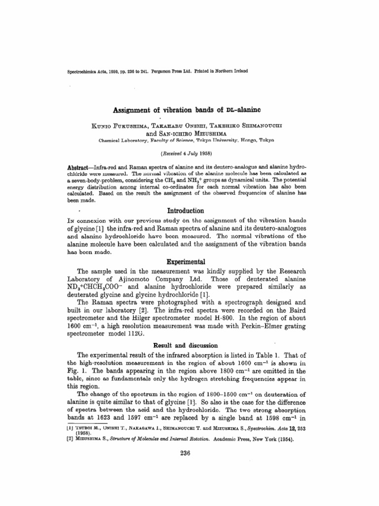 1959_Assignment of vibration bands of DL-alanine | PDF | Spectroscopy | Carboxylic Acid