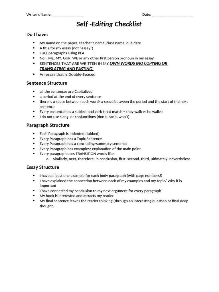 Comprehensive Essay Editing Checklist | PDF | Paragraph | Essays