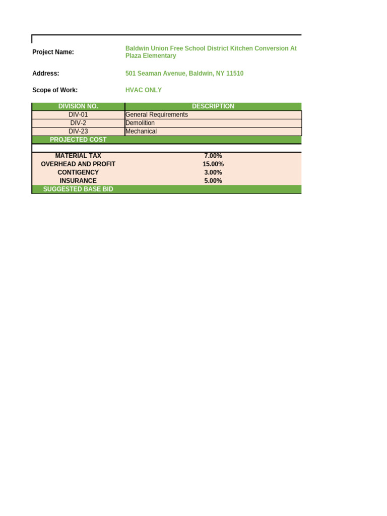 Estimate HVAC - Baldwin Union Free School District Kitchen Conversion At Plaza Elementary | PDF ...