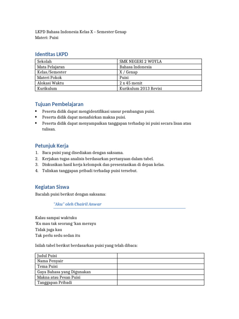 LKPD Bahasa Indonesia Kelas X Puisi Semester Genap | PDF