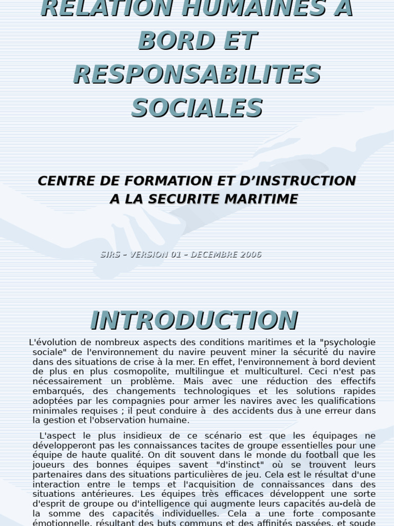 Relation Humaines A Bord Et Responsabilites Sociales | PDF ...
