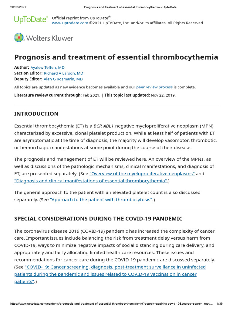 Prognosis and Treatment of Essential Thrombocythemia - UpToDate | PDF ...