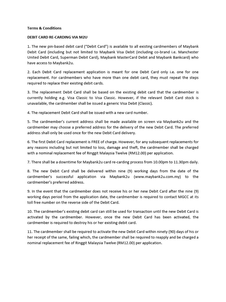 Debit Card Recarding M2u TNC | PDF | Debit Card | Personal Identification Number