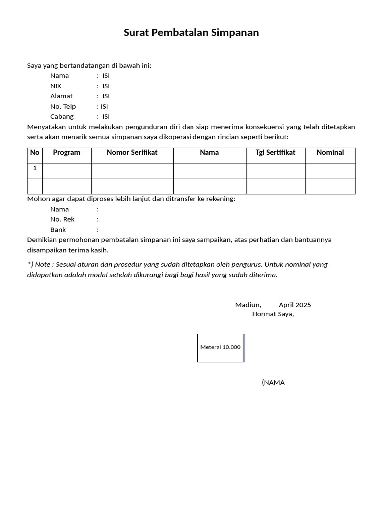 Surat Pembatalan Simpanan Koperasi | PDF