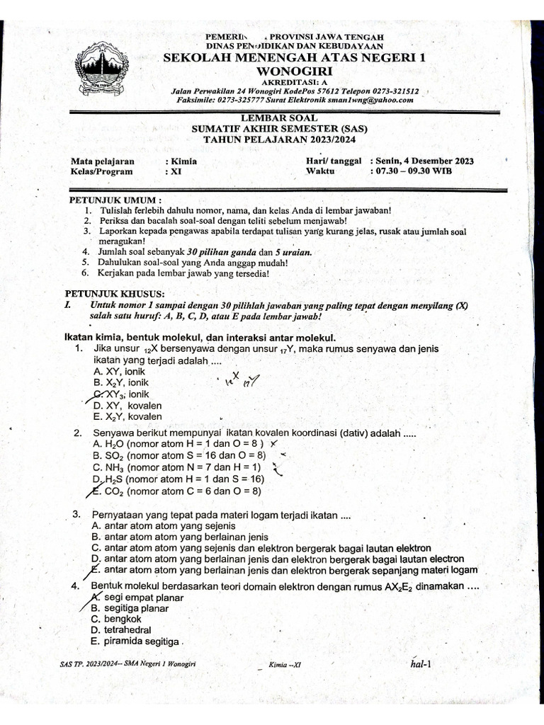 Lat Soal Pas Kimia Kelas 11 | PDF