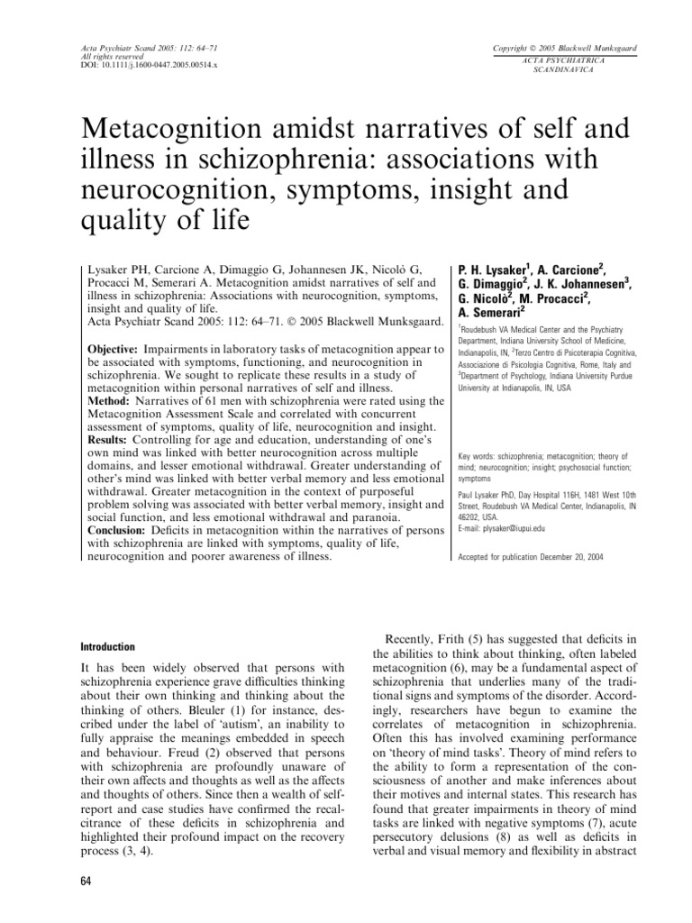 Metacognition Amidst Narratives of Self and Illness in Schizophrenia | PDF | Metacognition ...