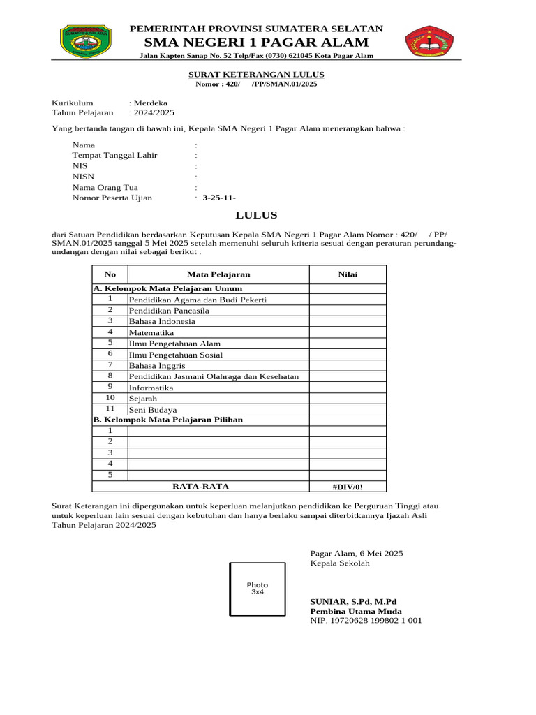 Surat Keterangan Lulus SMA 2025 Pagar Alam | PDF