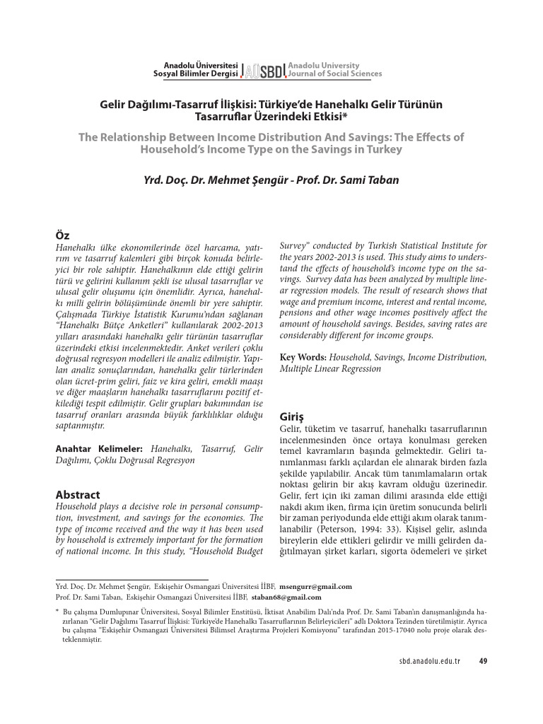 Gelir Da - L - M - Tasarruf - Li - Kisi - T - Rkiye - de Hanehalk - Gelir T - R - N - N ...