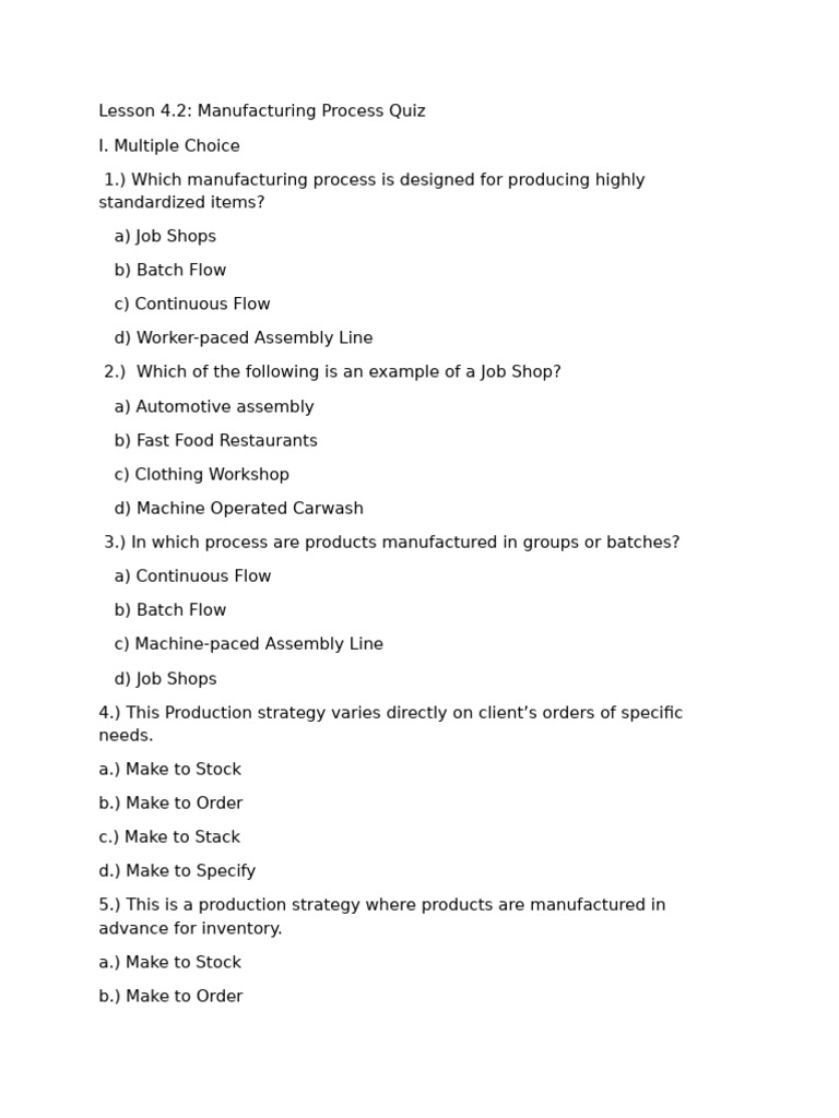 Manufacturing Process Quiz | PDF | Business Process | Economies