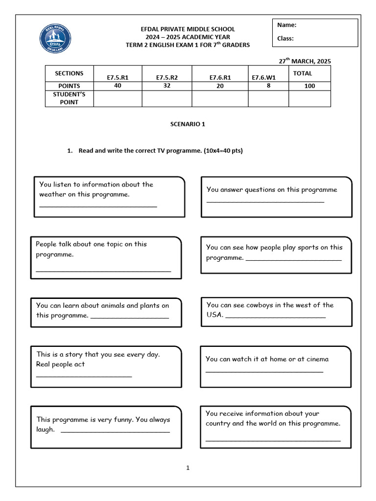 7th Grade English Exam: TV & Holi | PDF