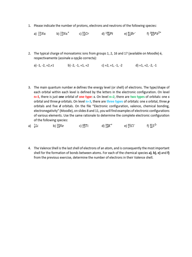 Atoms and Electronic Configuration (Exercises) | PDF