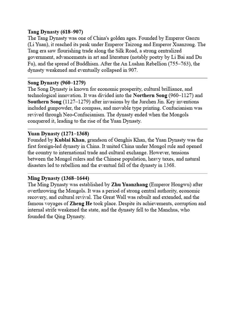 A Brief Overview of Chinese History Tang To Ming Dynasties | PDF