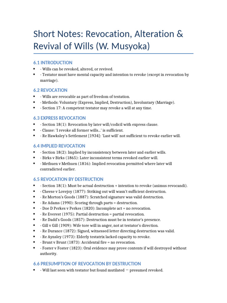 Short Notes Revocation Alteration Revival Wills Musyoka | PDF | Will ...