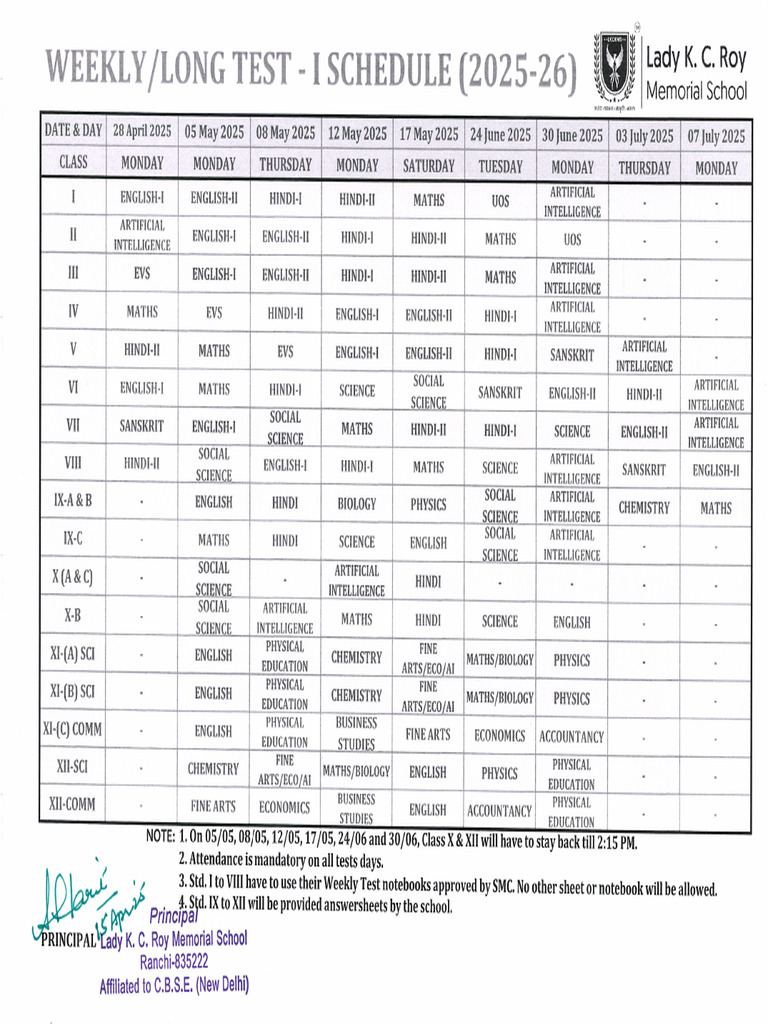 Weekly Test-I and Long Test-I Schedule (2025-2026) | PDF