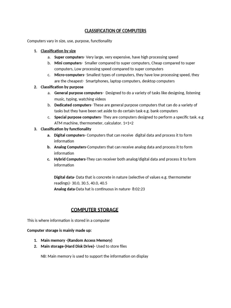 Computer Classification and Storage Overview | PDF | Computer Data ...