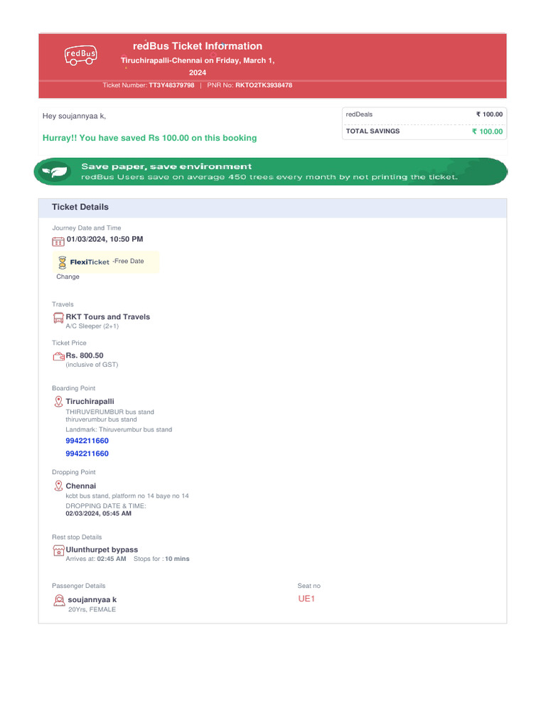 Tiruchirapalli to Chennai Bus Ticket Details | PDF | Bus