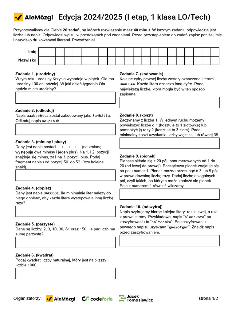 (AleMózgi) 2024 - 2025 - Zadania Na I Etap (1 Klasa Szkoła Ponadpodstawowa) - Pop | PDF