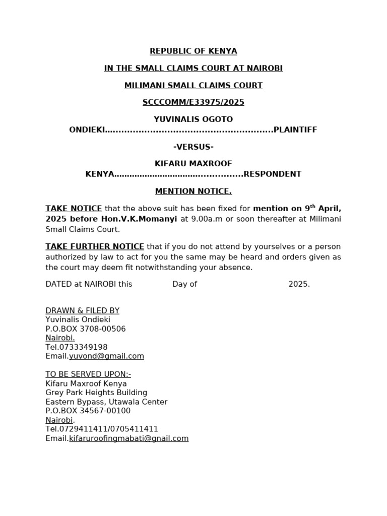 Mention Notice for Small Claims Court | PDF