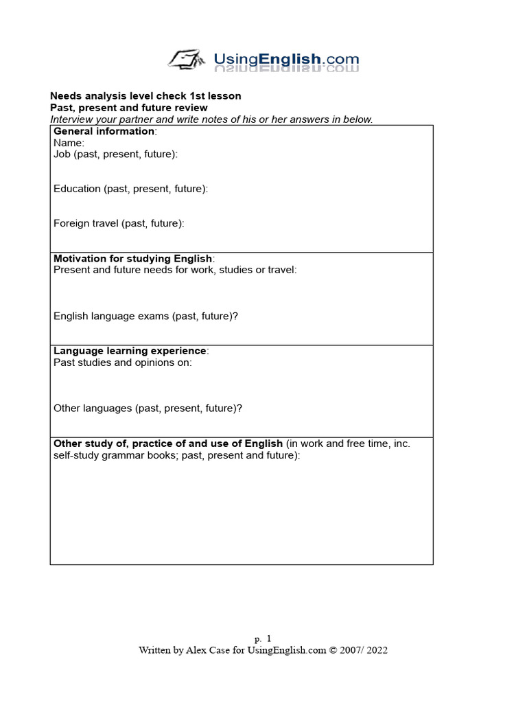 English Language Needs Analysis Guide | PDF | English Language ...