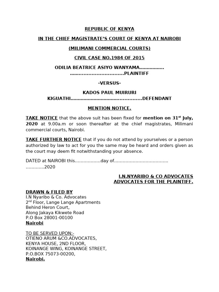 Nairobi Civil Case Mention Notice | PDF