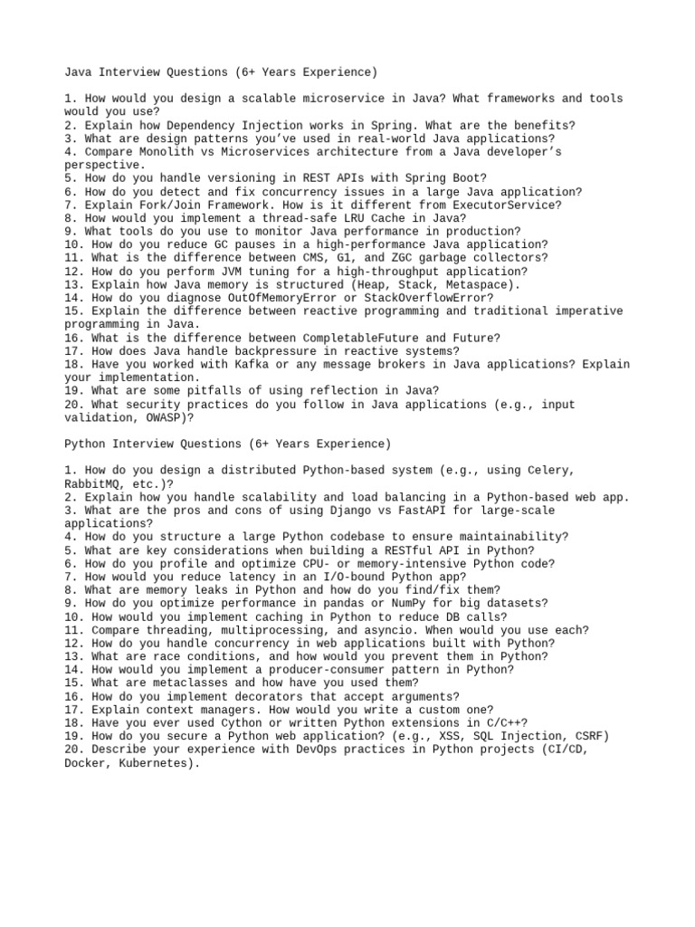 Senior Java Developer Interview Guide | PDF | Java (Programming Language) | Python (Programming ...
