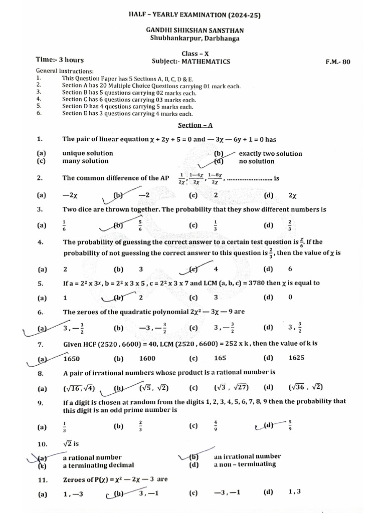 Class x. Mathematics Question Paper | PDF